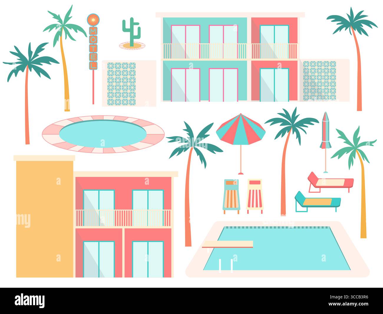 Summer vacation hotel and pool vector set. Flat cartoon tropical palm ...