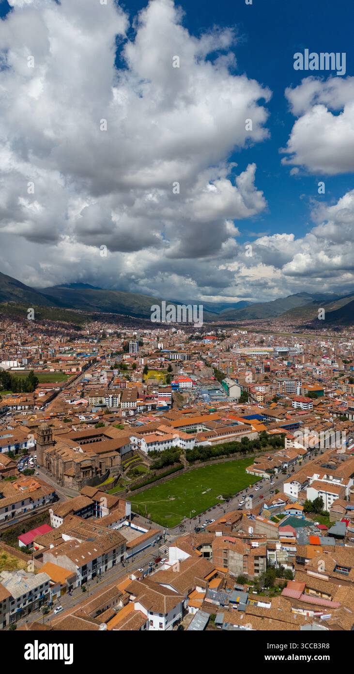 Drone view of Cusco, Peru, historic city center, Andes mountains ...