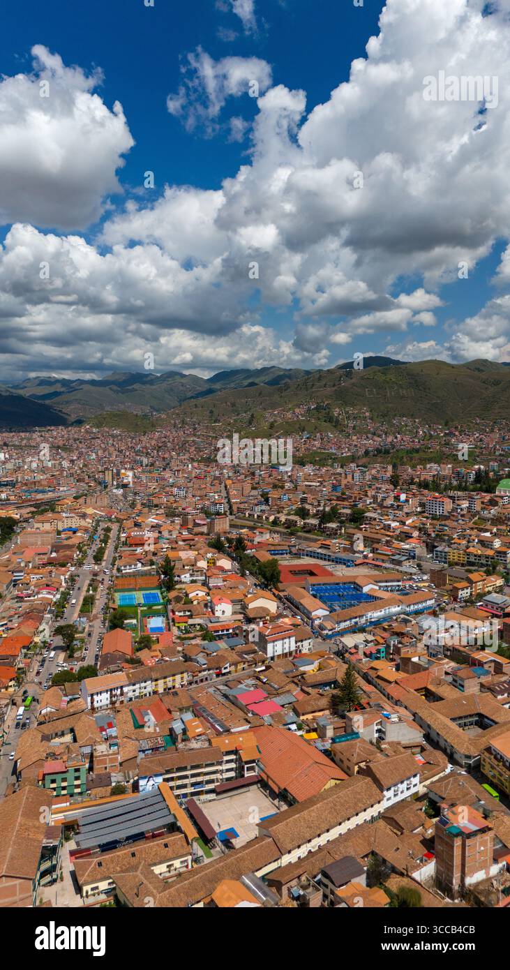 Drone view of Cusco, Peru, historic city center, Andes mountains ...