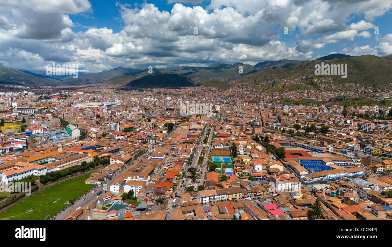 Drone view of Cusco, Peru, historic city center, Andes mountains ...