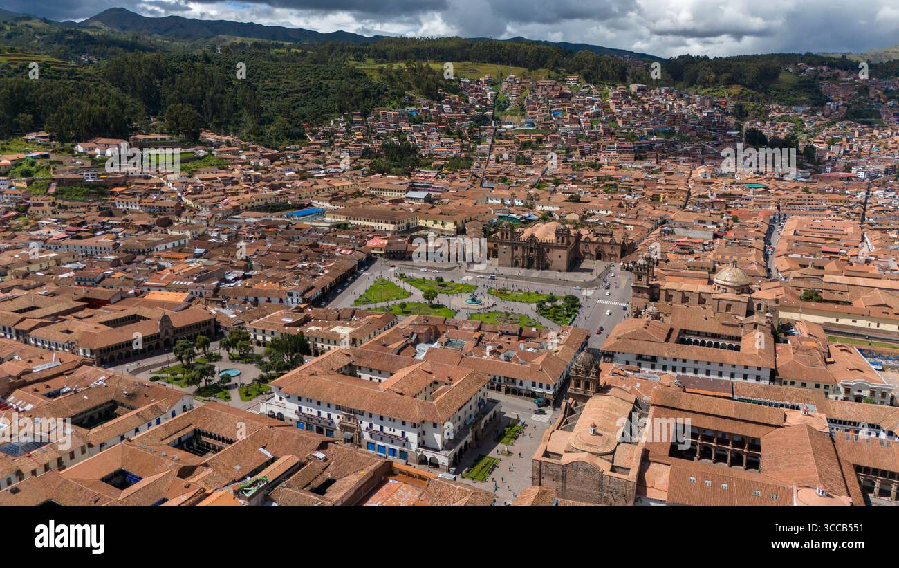 Drone view of Cusco, Peru, historic city center, Andes mountains ...