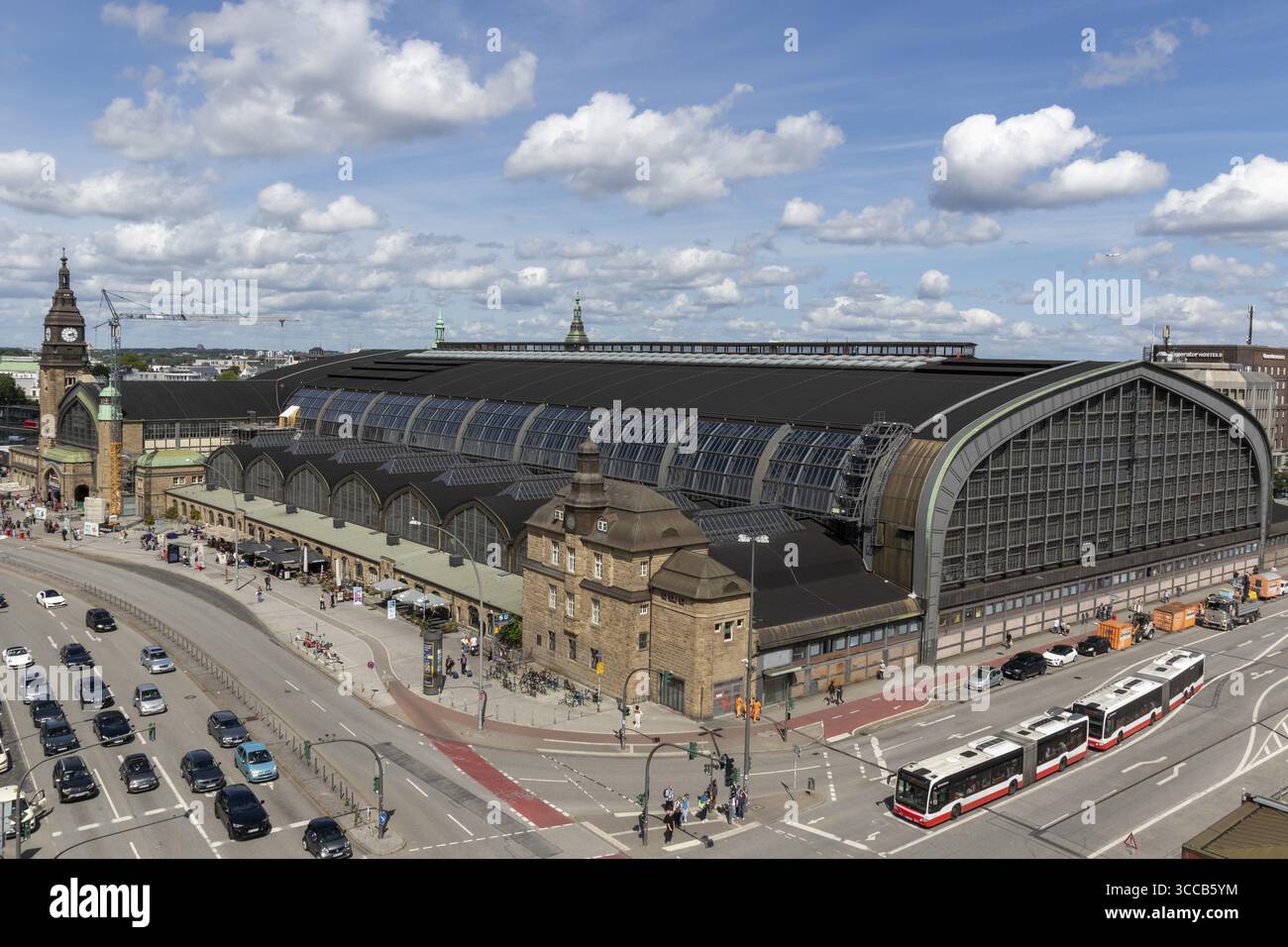 Aerial view, architecture, railway journey, road traffic, cars and city ...