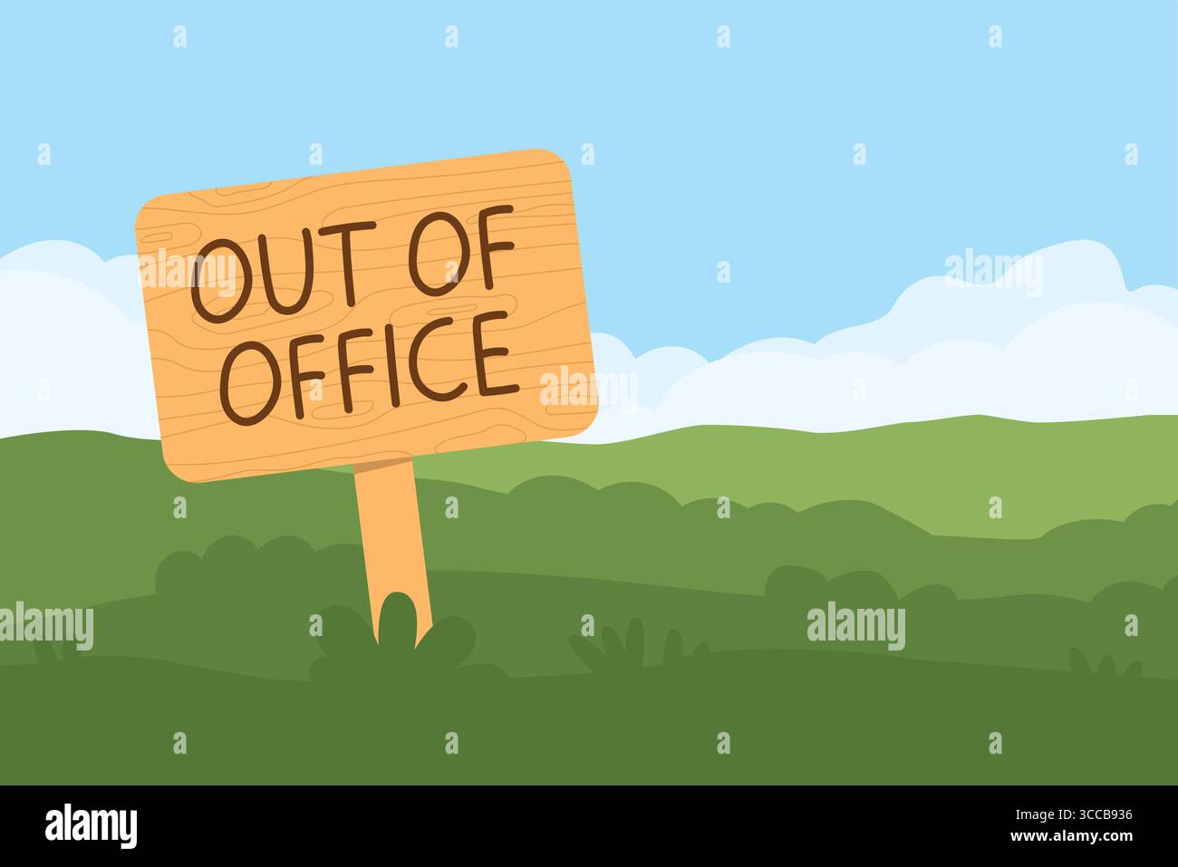 out of office written on sign board in rural, summer scenery; relax ...