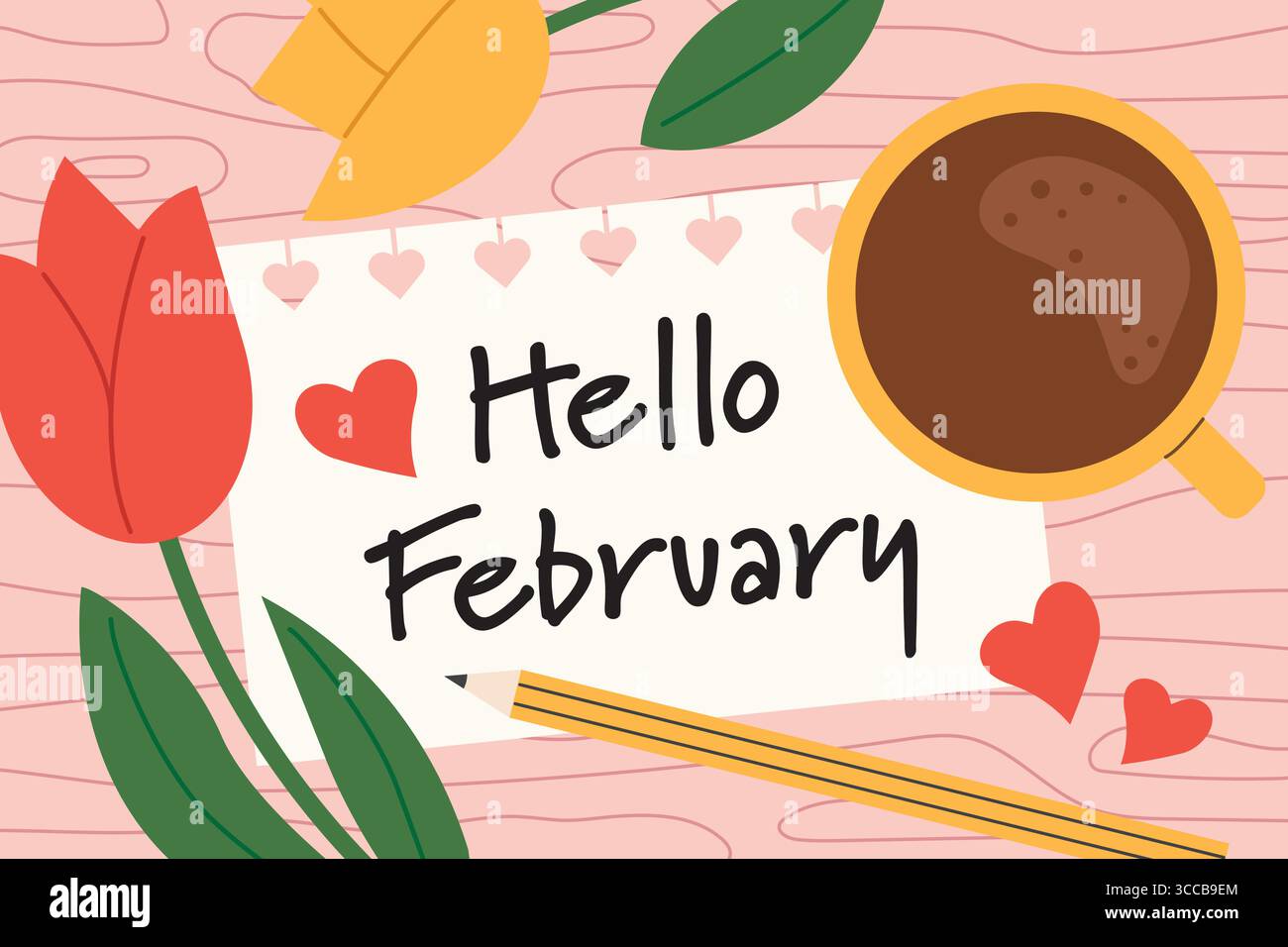 hello february written on the paper note on wooden desk, flat lay view ...