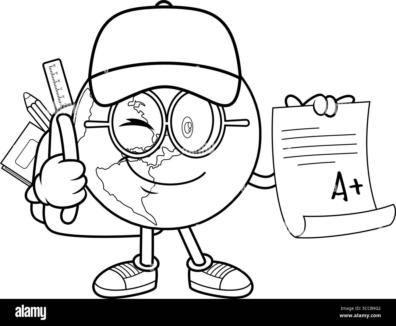 School Earth Globe Cartoon Character Holding A+ Report Card – Black and ...