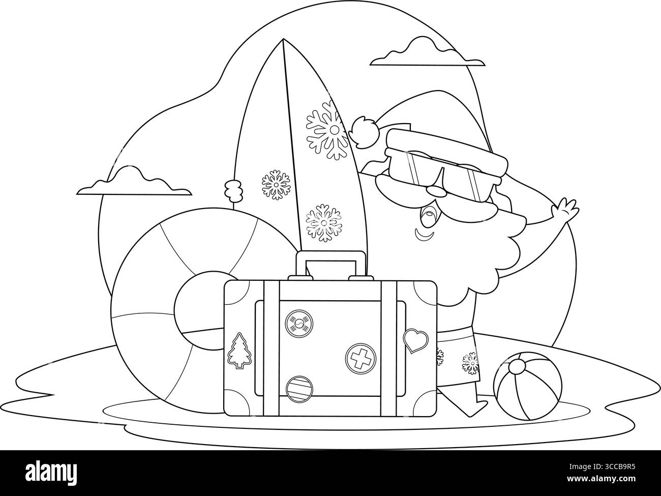 Summer Santa Claus Coloring Page With Surfboard And Suitcase On Beach ...