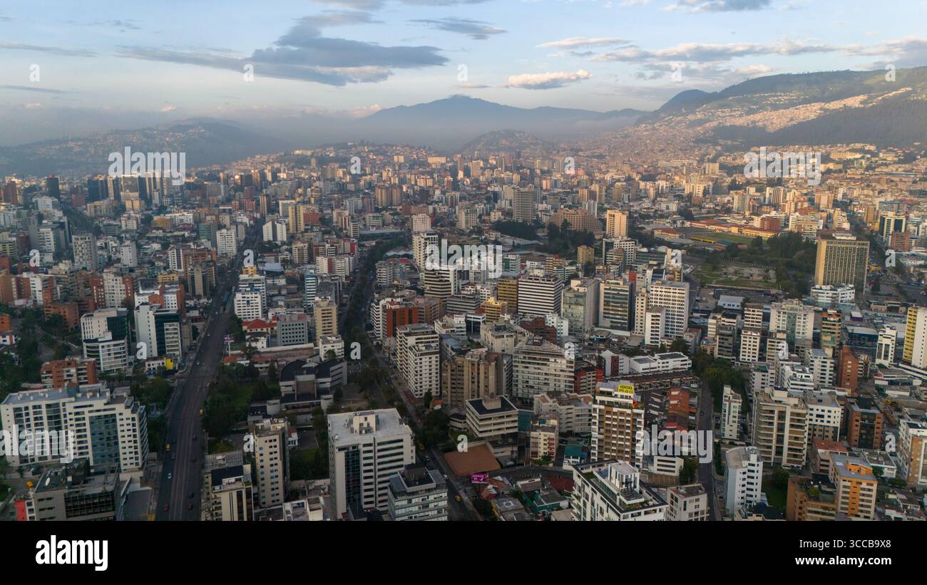 Aerial drone view of Quito city, historic centre and Andean mountains ...