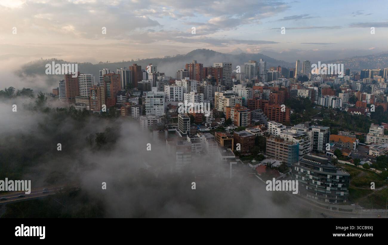 Aerial drone view of Quito city, historic centre and Andean mountains ...