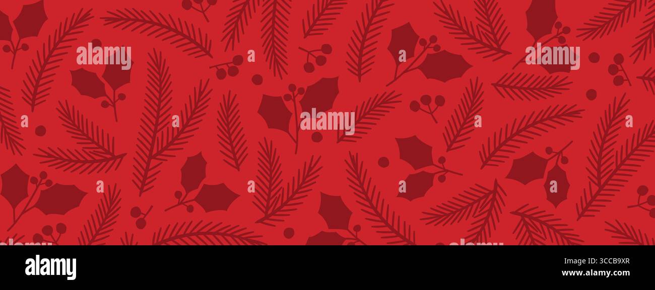 red christmas banner with fir tree twigs and holly berries- vector ...