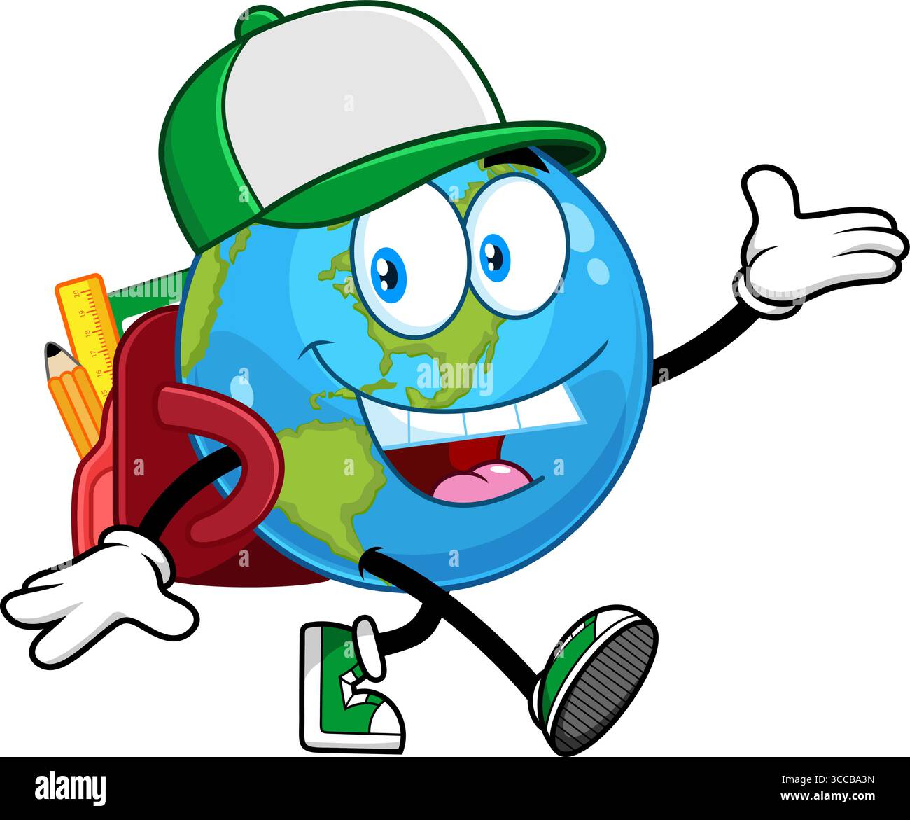 Cute School Earth Globe Cartoon Character Walking With Backpack And Cap ...