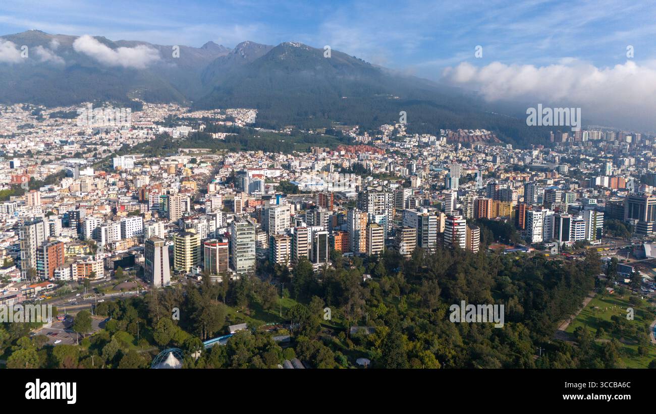 Aerial drone view of Quito city, historic centre and Andean mountains ...