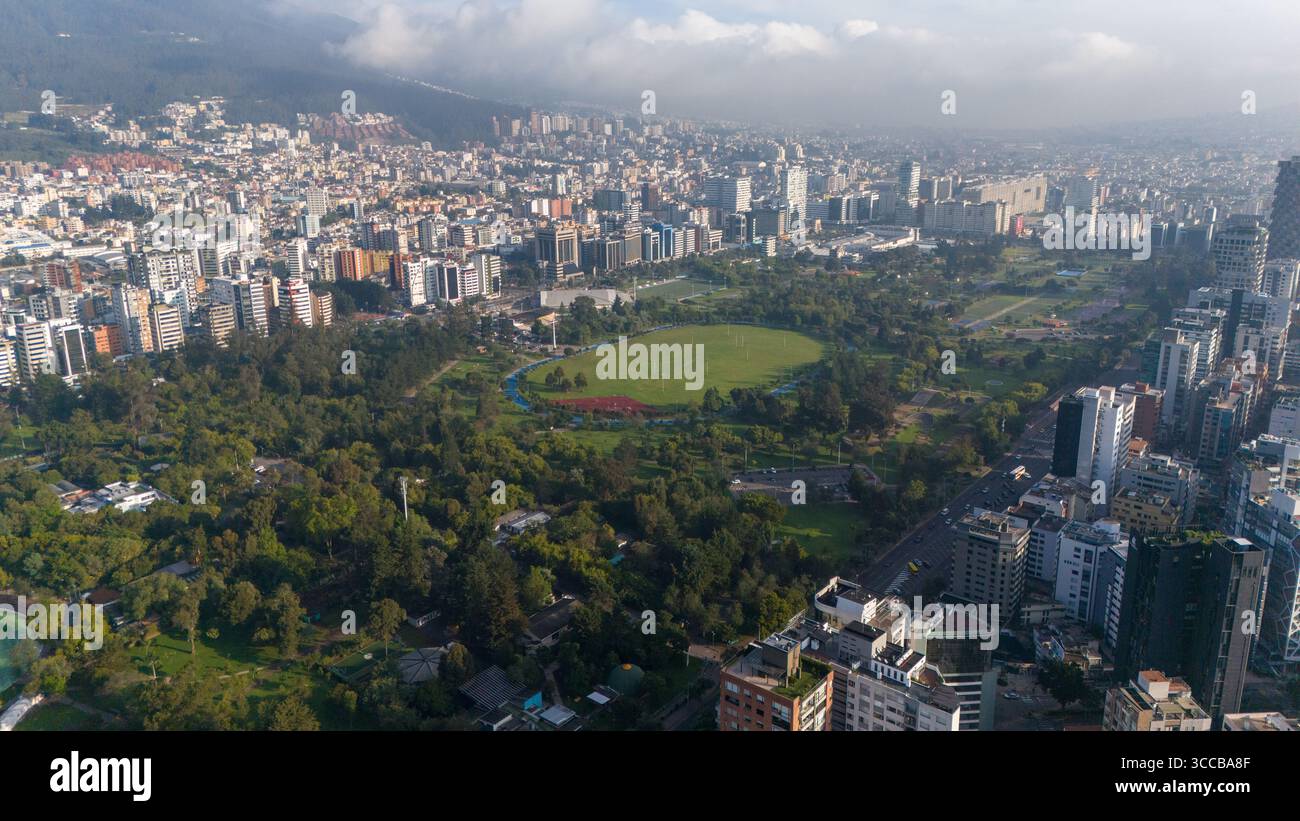 Aerial drone view of Quito city, historic centre and Andean mountains ...