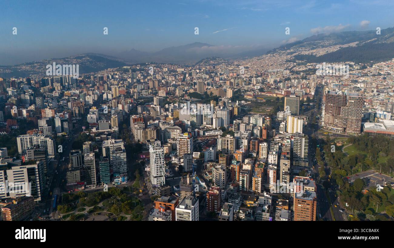 Aerial drone view of Quito city, historic centre and Andean mountains ...