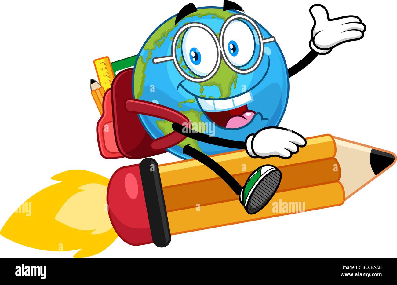 School Earth Globe Cartoon Character With Backpack Riding Flying Rocket ...