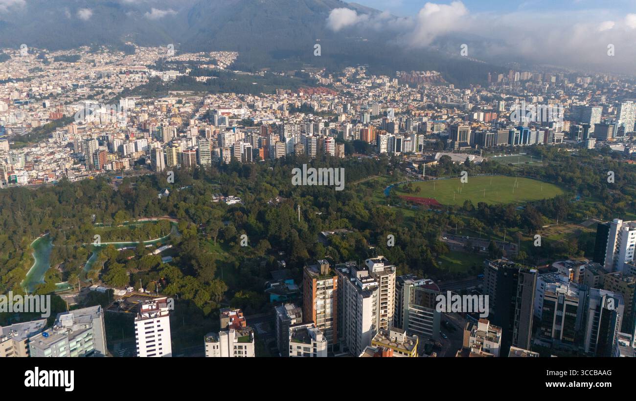 Aerial drone view of Quito city, historic centre and Andean mountains ...