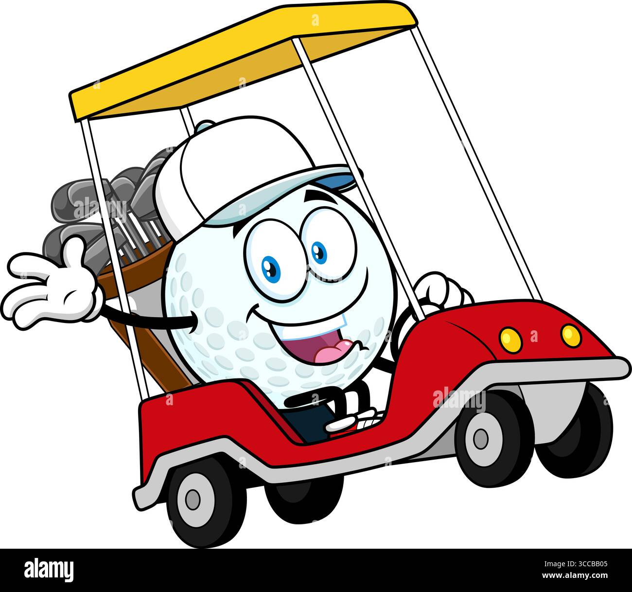 Cute Golf Ball Cartoon Character Driving A Golf Cart And Waving. Vector ...