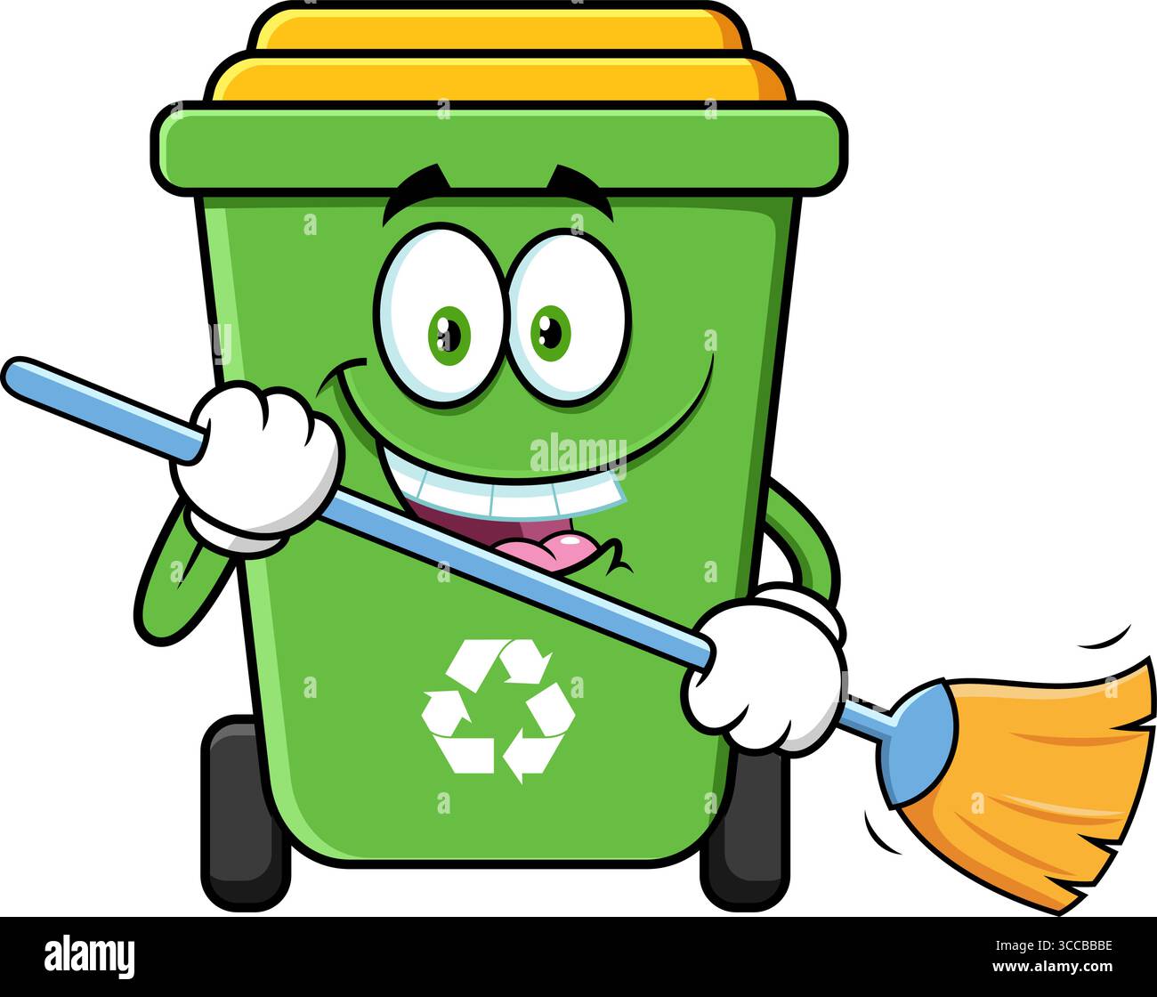 Green Recycle Trash Bin Cartoon Character Cleaning With Broom. Vector ...