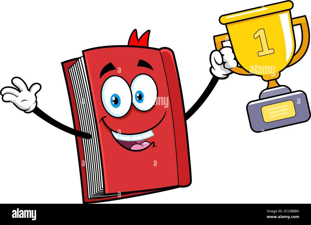 School Textbook Cartoon Character Holding A Gold Cup Trophy. Vector ...