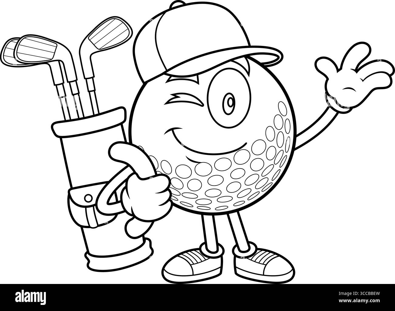 Outlined Smiling Golf Ball Cartoon Character Holding Golf Bag And ...