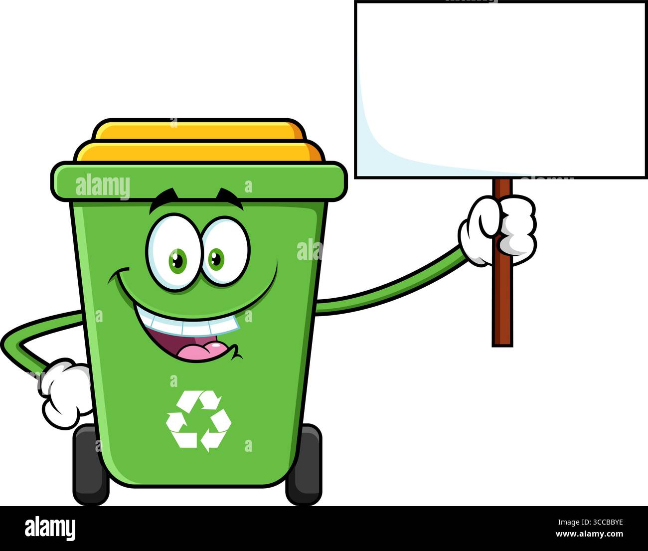 Green Recycle Trash Bin Cartoon Character Holding Up A Blank Sign ...
