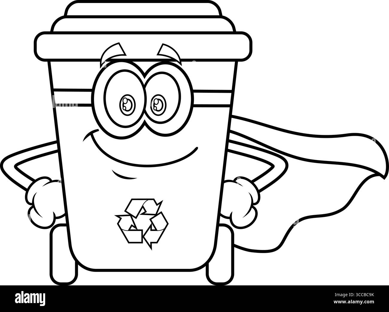 Outlined Recycle Trash Bin Cartoon Character SuperHero. Vector Hand ...