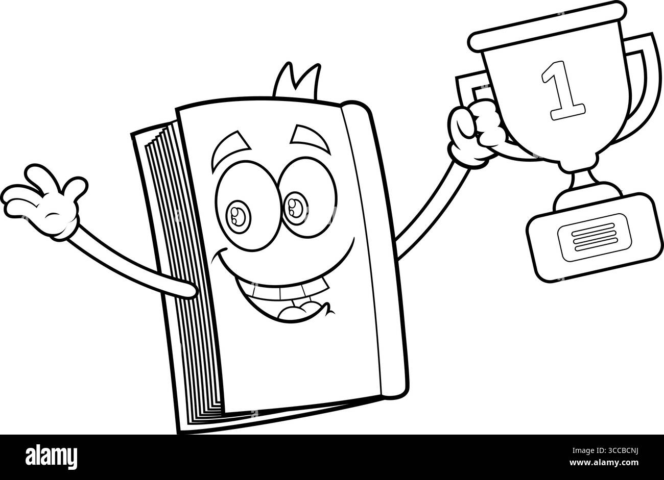Outlined School Textbook Cartoon Character Holding A Gold Cup Trophy ...