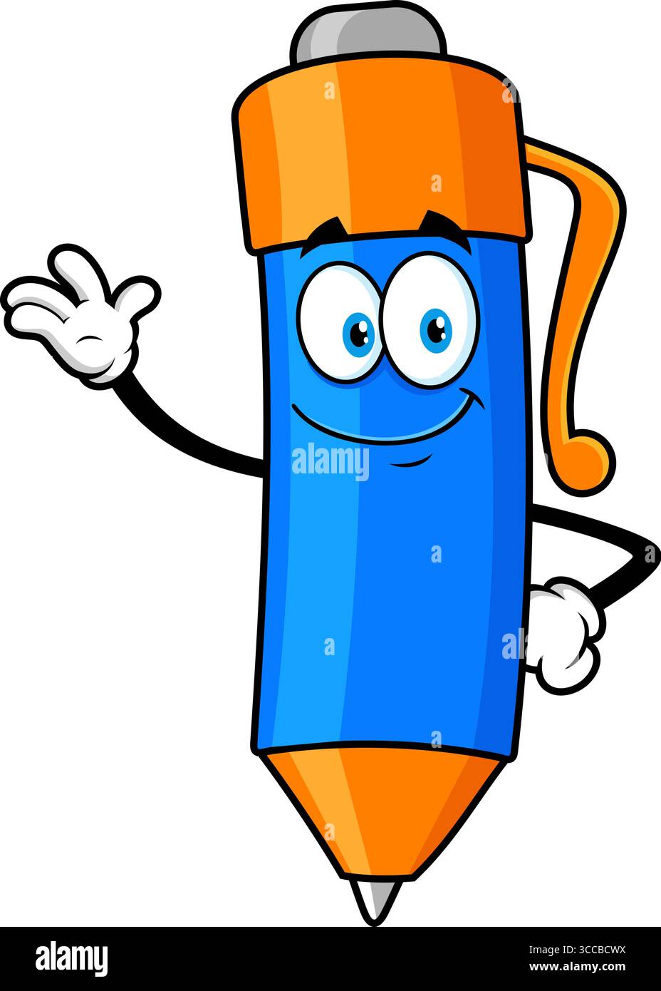 School Ballpoint Pen Cartoon Character Waving For Greeting. Vector Hand ...