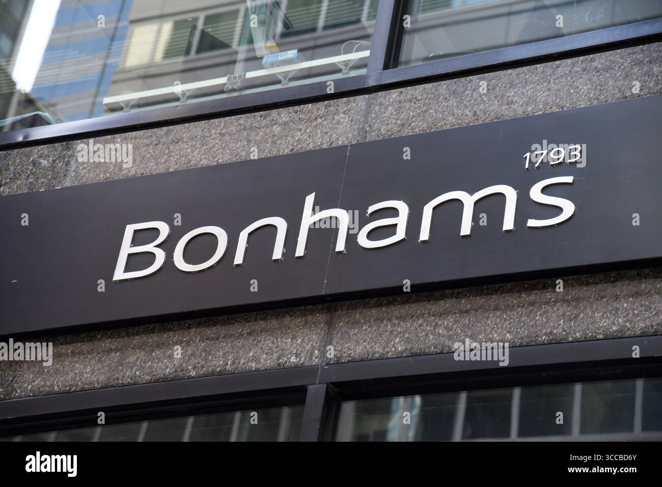 Bonhams brand signage is displayed in New York, NY, August 10, 2025 ...