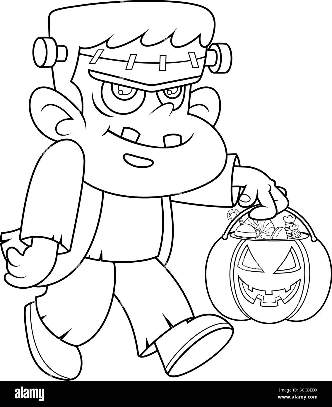 Outlined Cute Frankenstein Cartoon Character Running With Pumpkin Candy ...