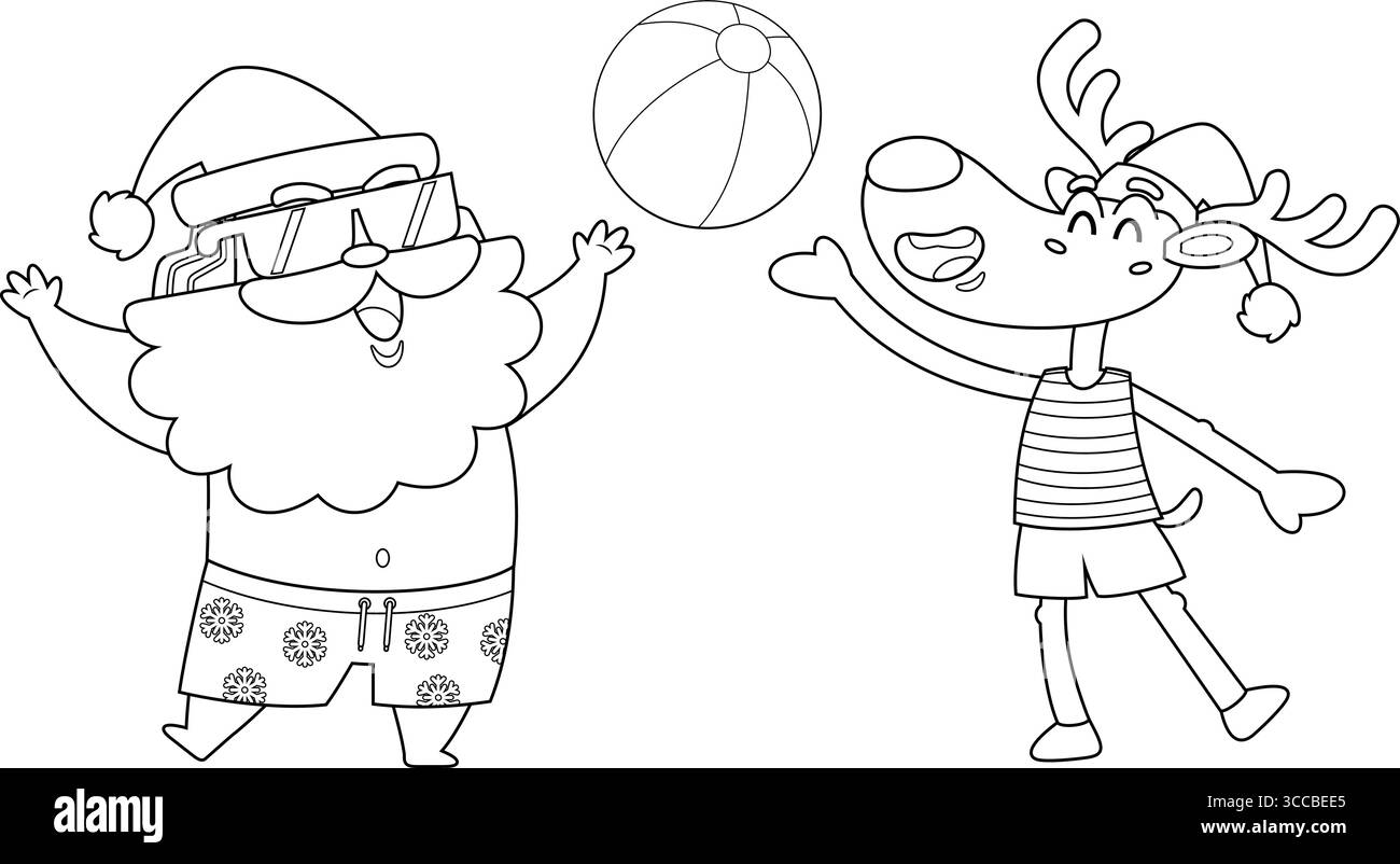 Outlined Summer Santa Claus And Reindeer Cartoon Characters Playing ...