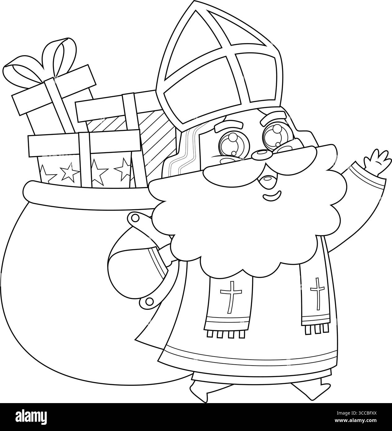 Outlined Cute Saint Nicholas or Sinterklaas Cartoon Character Carrying ...