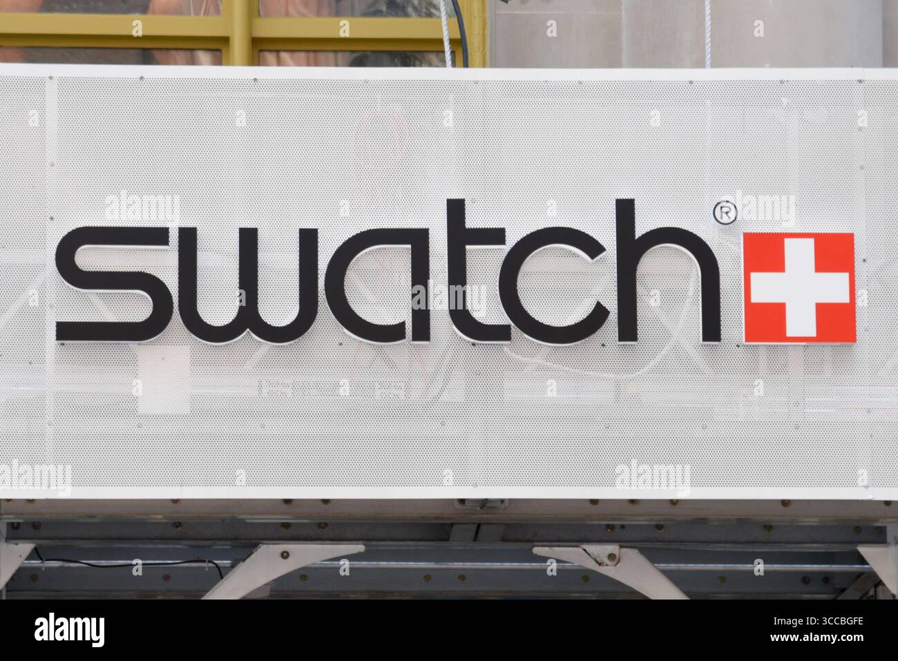 Swatch brand signage is displayed in New York, NY, August 10, 2025 ...
