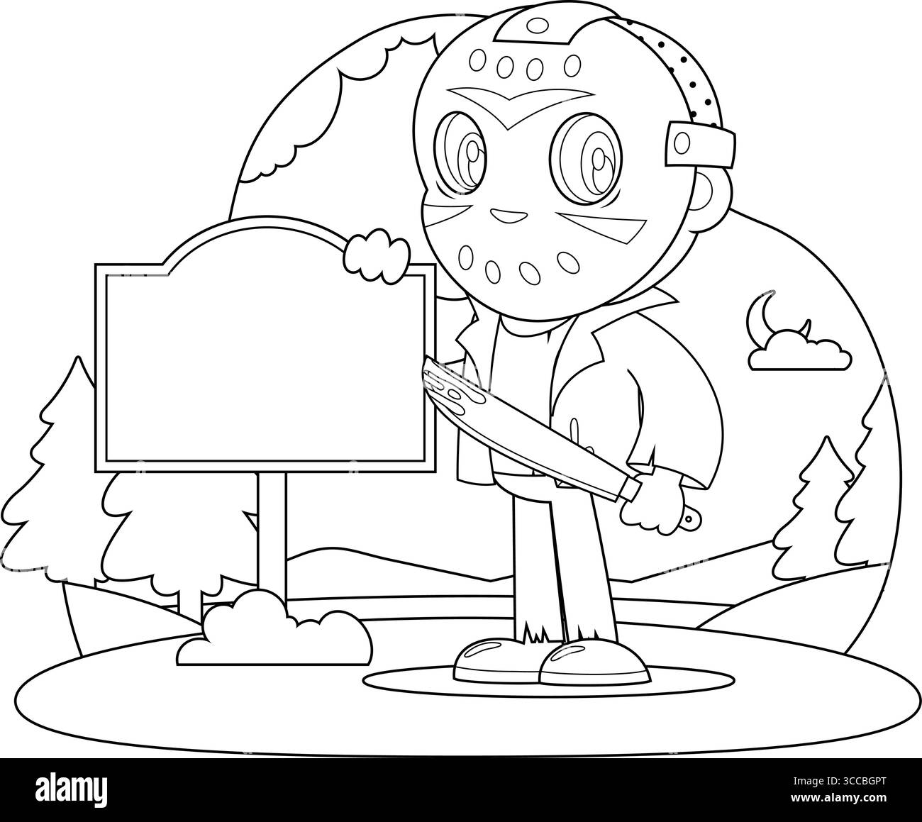 Outlined Cute Murderer Cartoon Character Showing Blank Sign And Holding ...