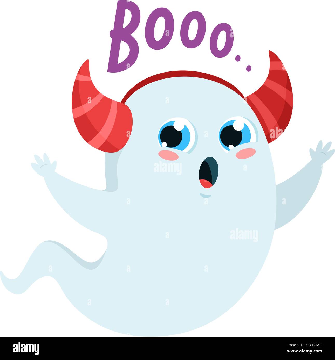 Cute Halloween Scary Ghost Cartoon Character With Red Horns Vector ...