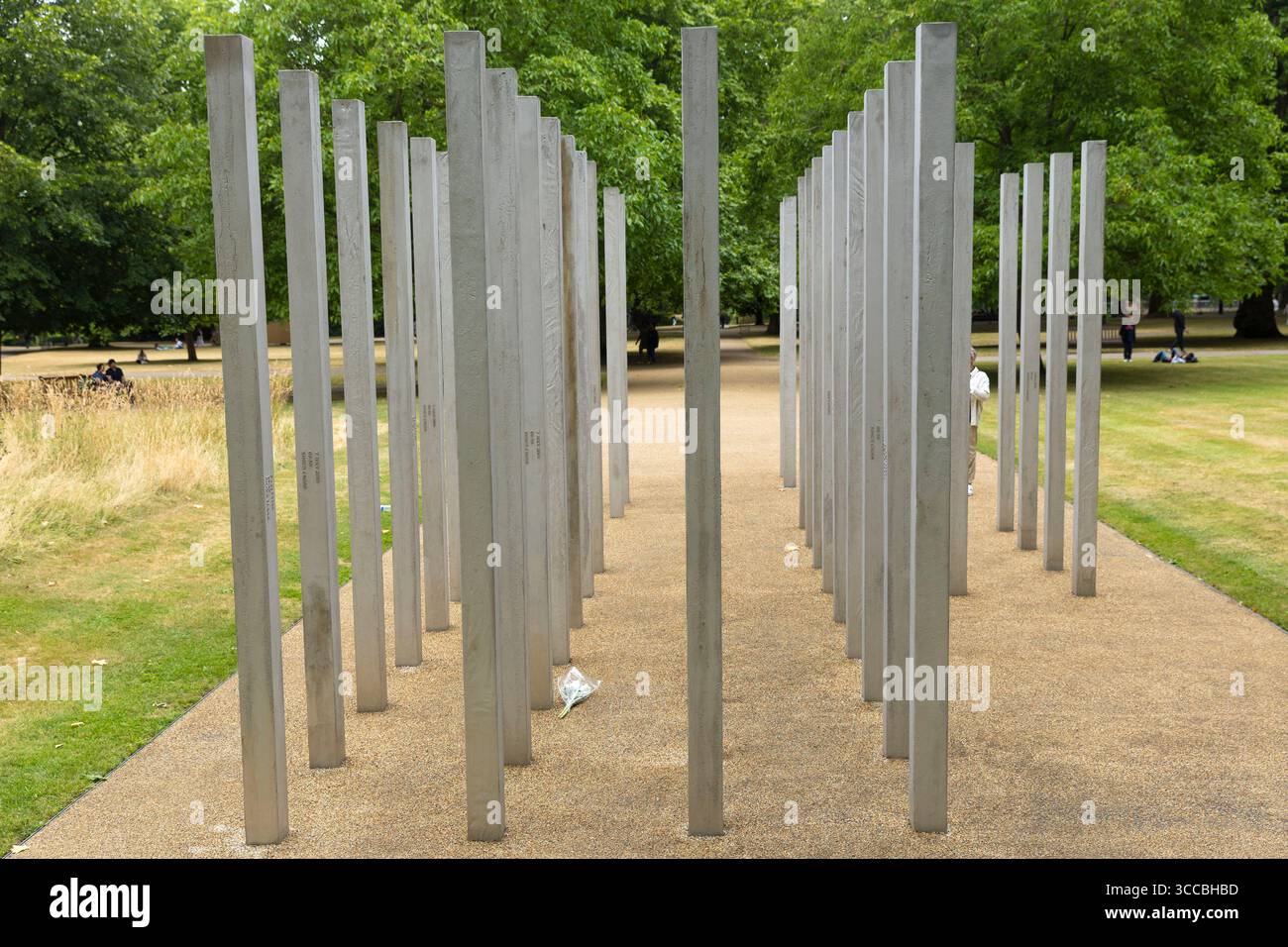 A floral tribute is seen left at the 7 July Memorial, a permanent ...