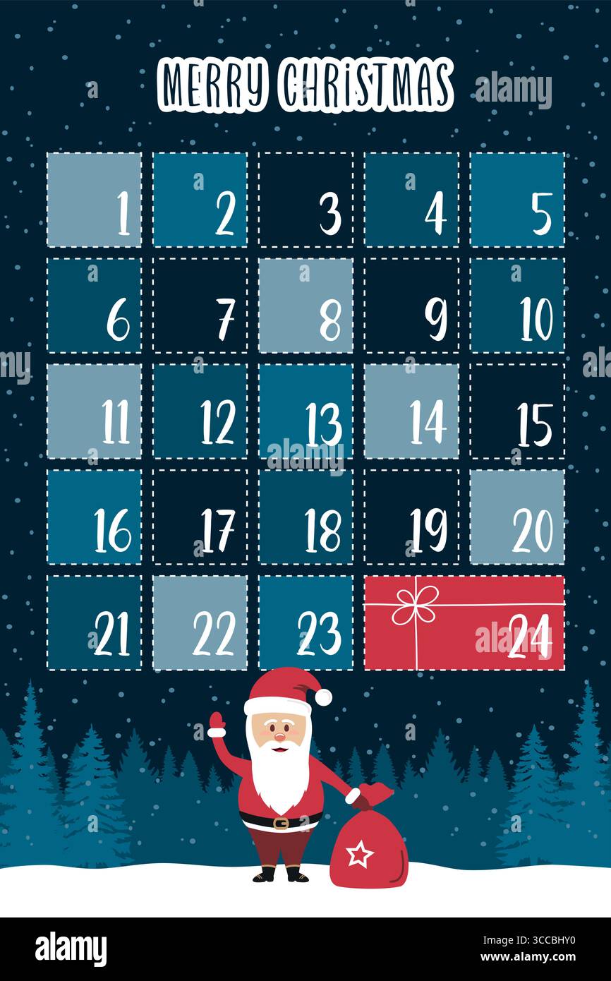cute advent calendar with santa in snowy winter landscape vector ...