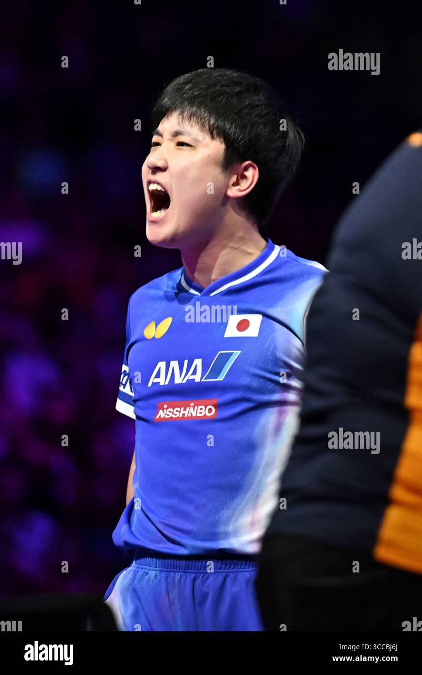 Tomokazu Harimoto of Japan reacts during the men's singles final match of WTT Champions Yokohama ...