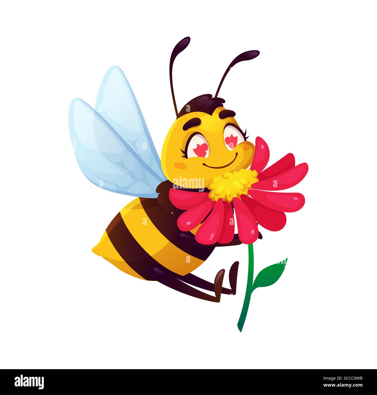 Cartoon funny cute bee character or honeybee in love with flower ...