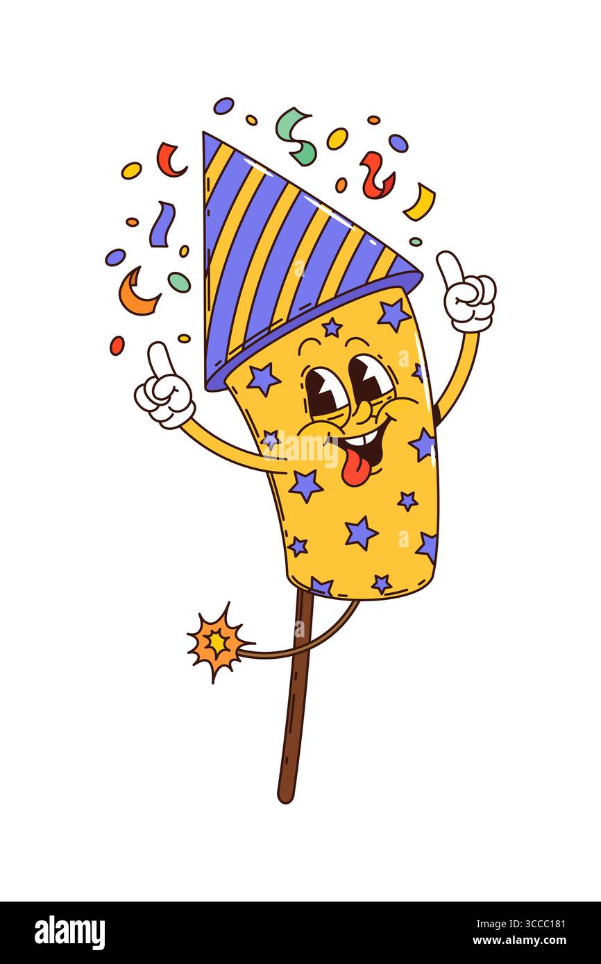 Cartoon groovy birthday holiday character or firework with funny face ...