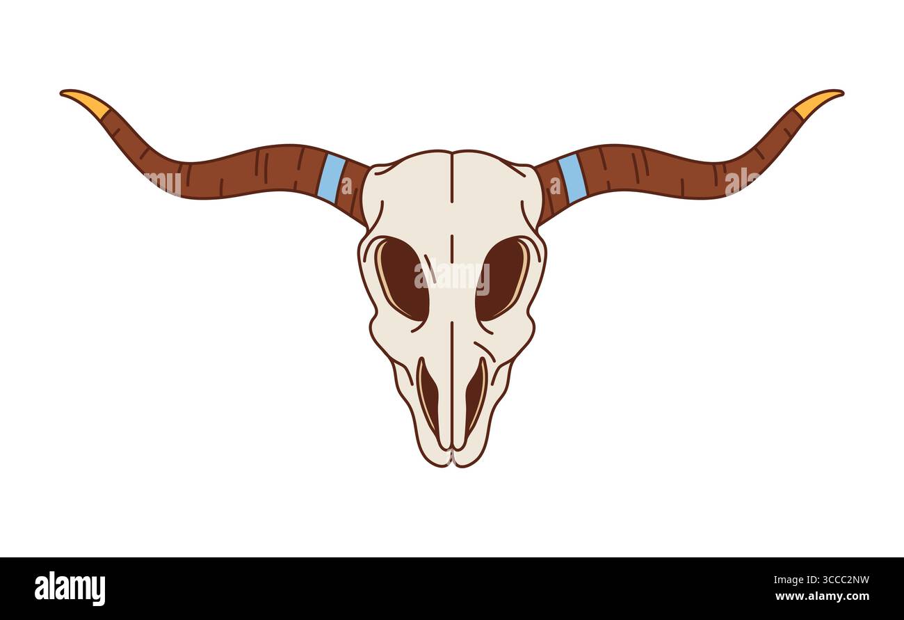 Cartoon groovy Wild West or Western longhorn bull skull, vector icon ...