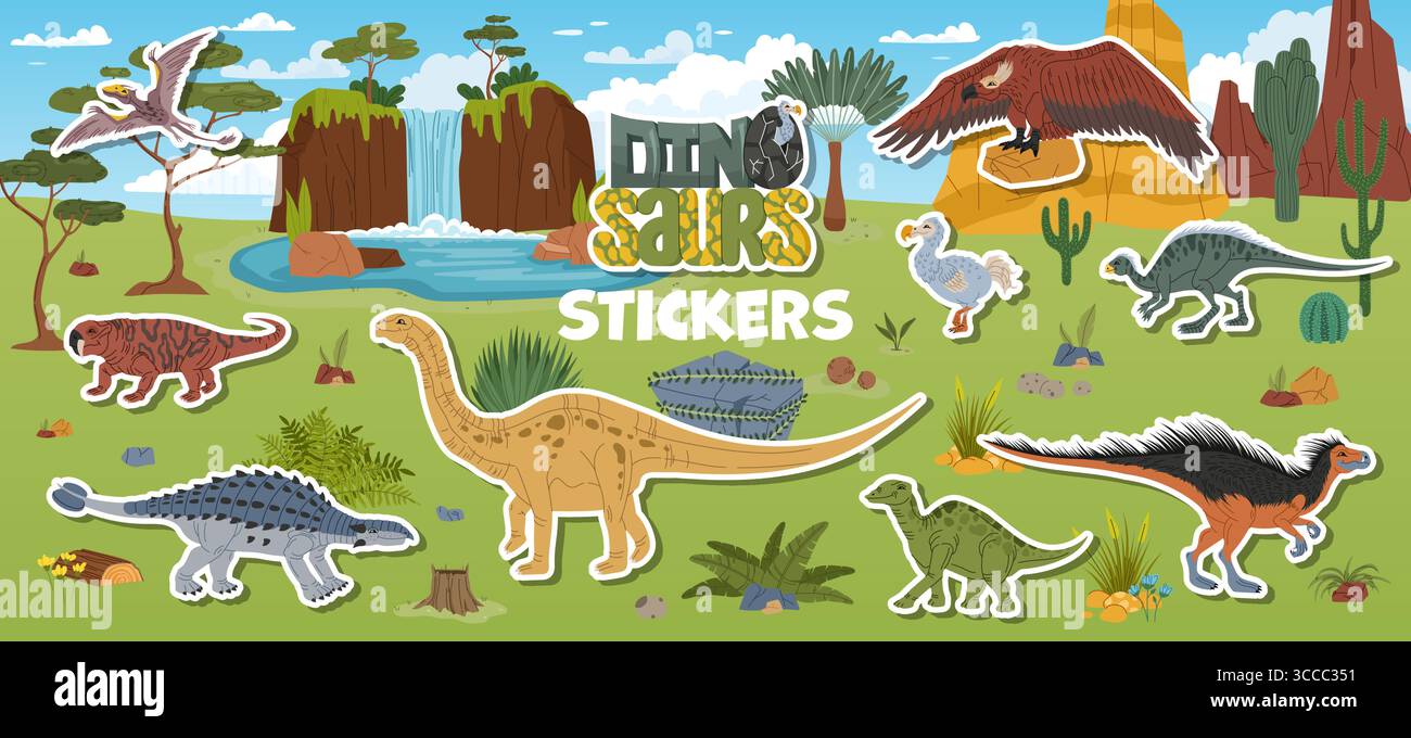 Prehistoric era dinosaur cute characters stickers pack. Extinct ...