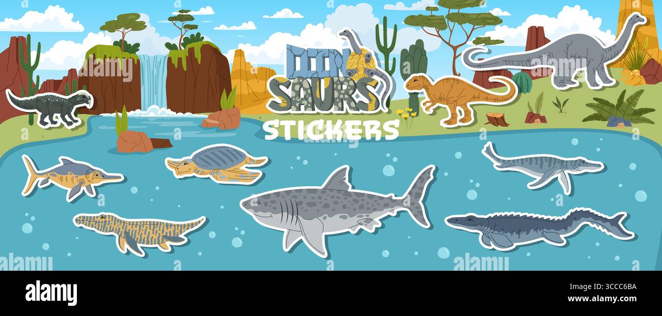 Prehistoric era land and water dinosaur characters stickers pack ...