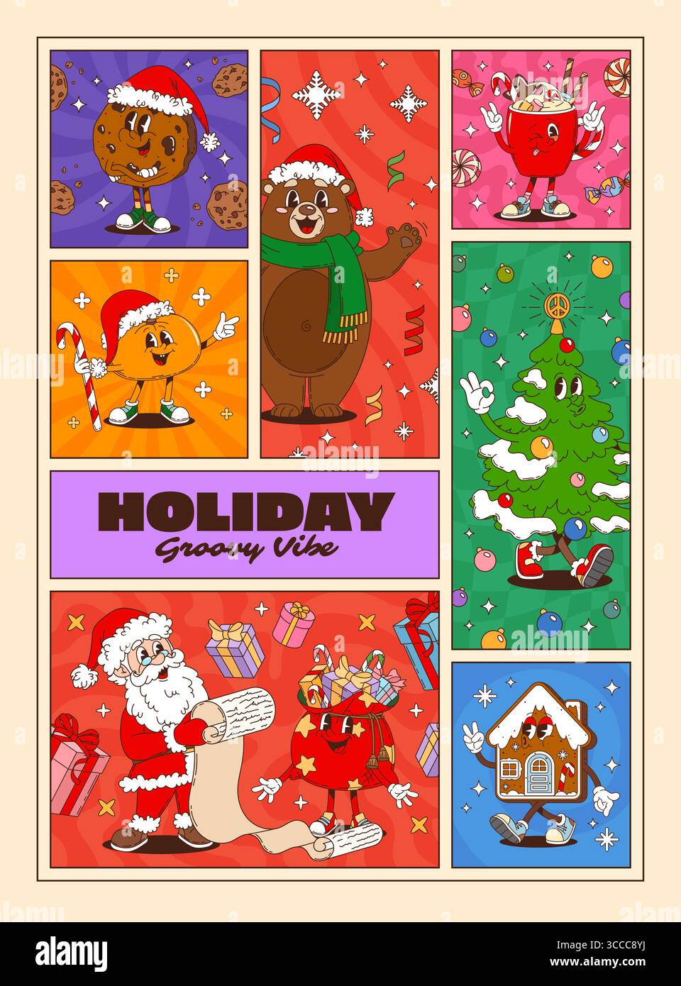 Christmas characters on groovy holiday posters. Festive cartoon vector ...