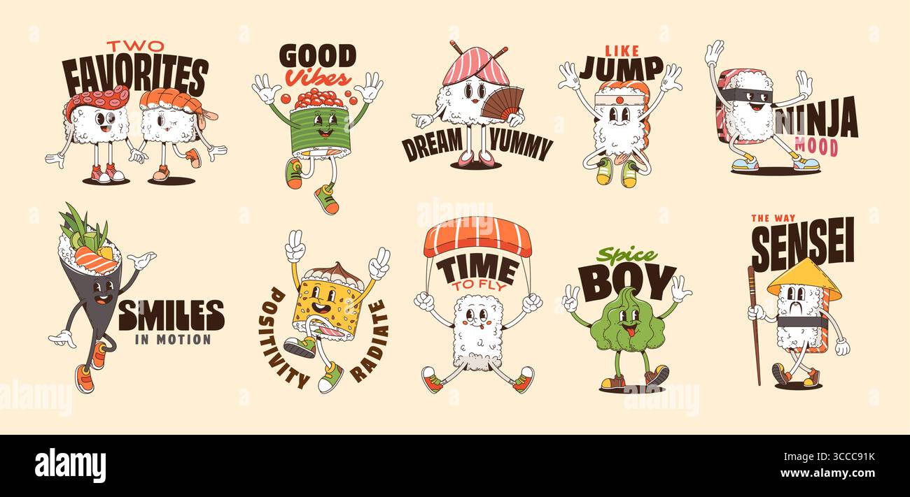 Y2K groovy sushi and roll characters stickers of Japanese food ...