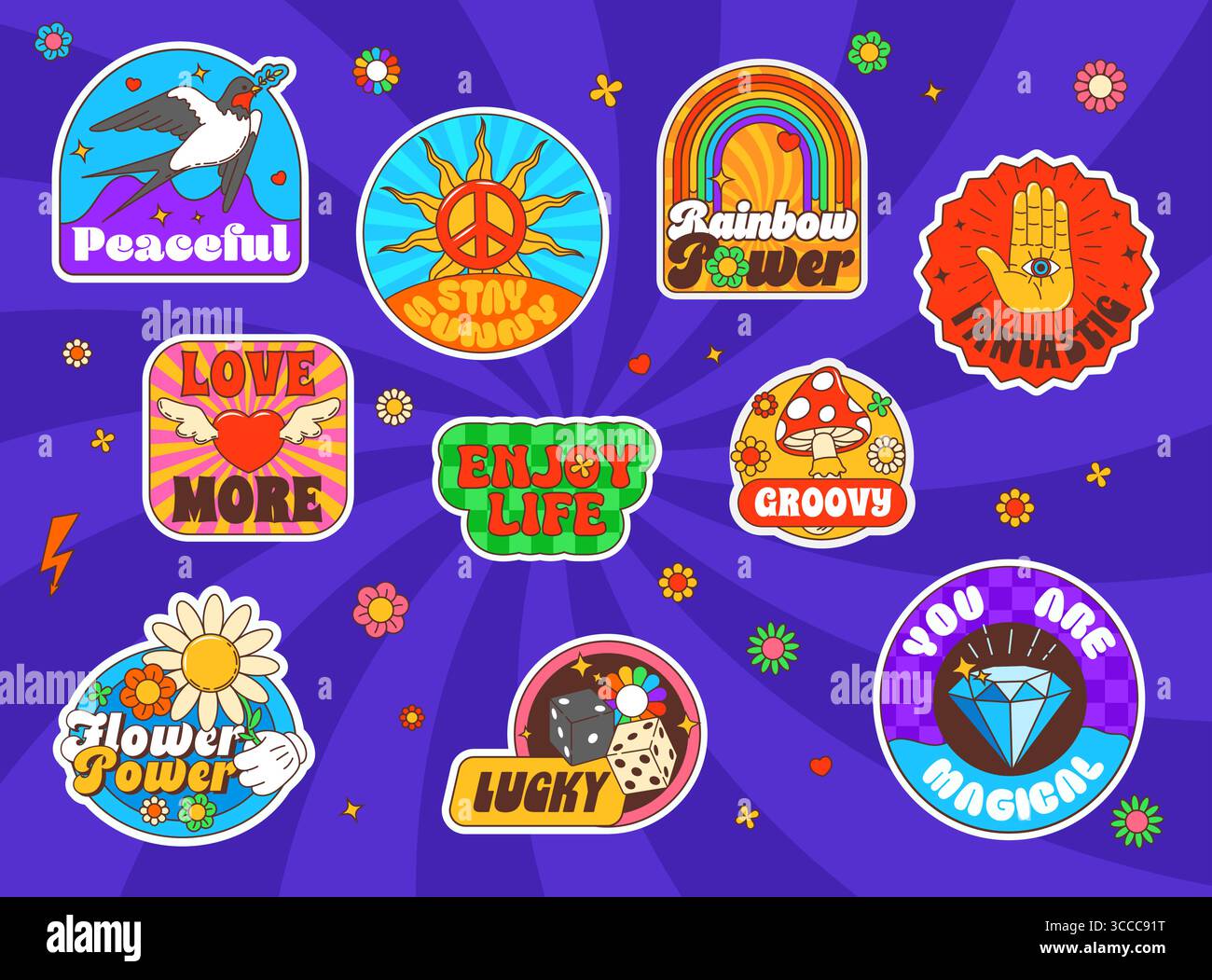 Groovy label stickers, hippie patches, psychedelic vector badges set ...