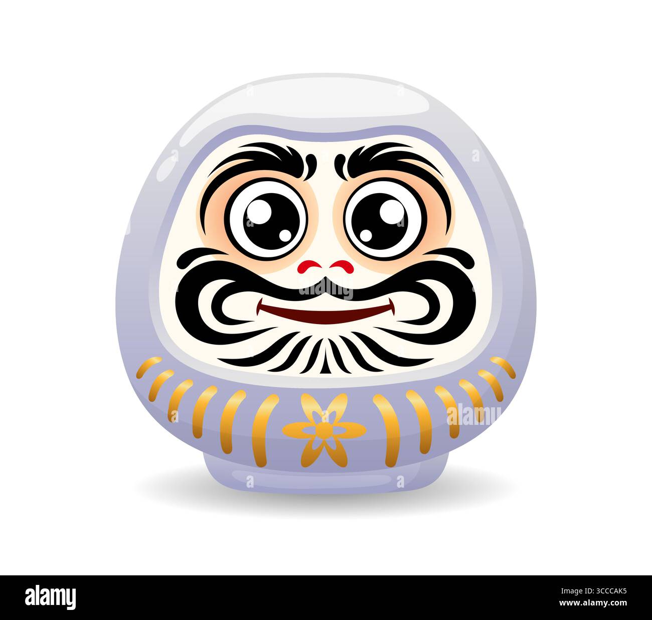 Cartoon white Japanese daruma doll with expressive eyes, smile and ...