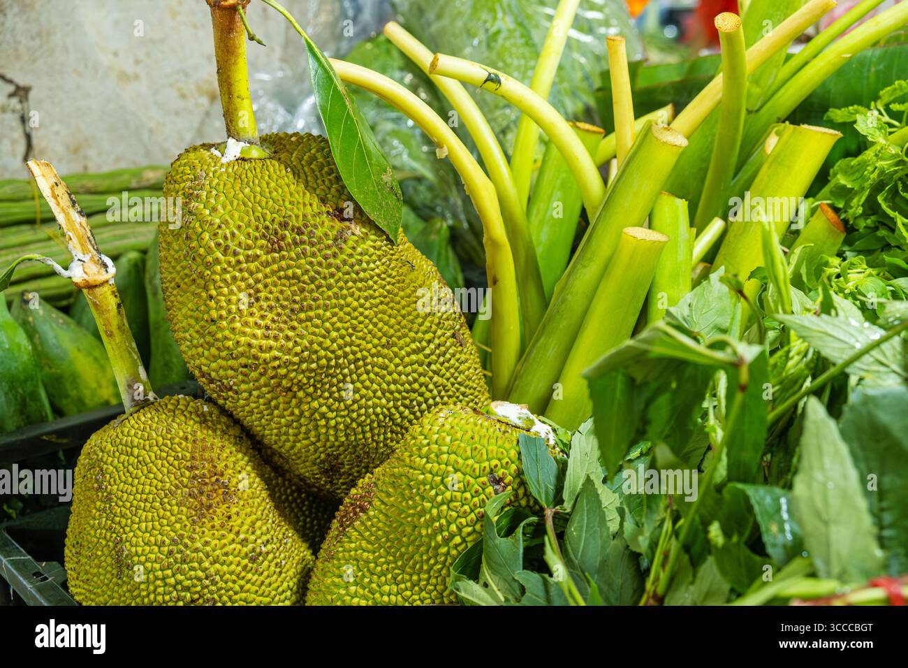 Fresh tropical jackfruit and green vegetables displayed for sale at a ...