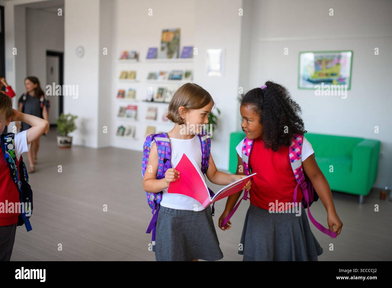 Girl friends talking in school hallway Stock Photo - Alamy