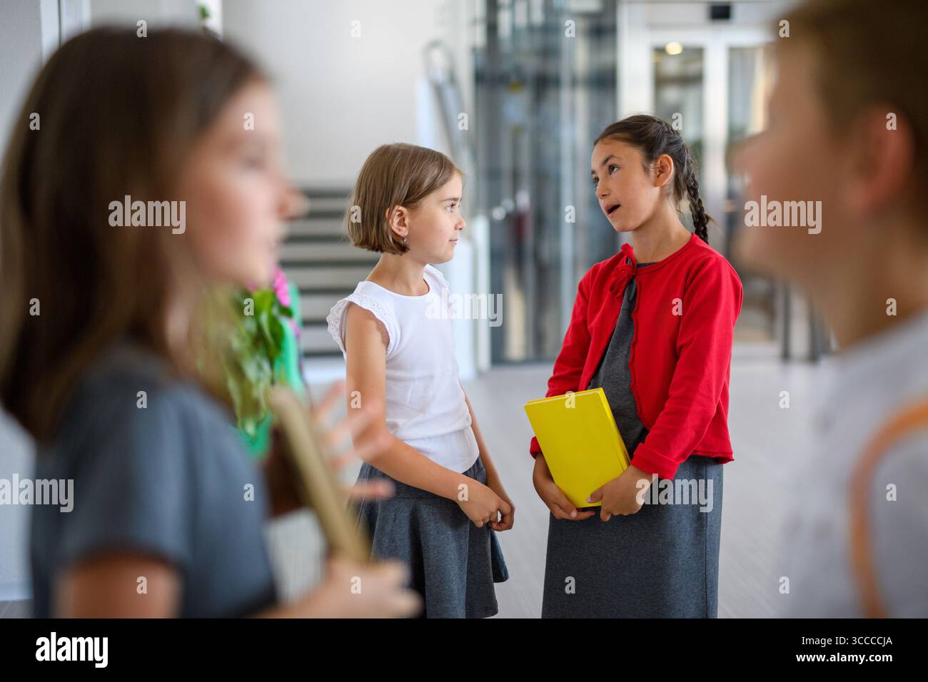 Happy schoolkids talking in school hallway Stock Photo - Alamy