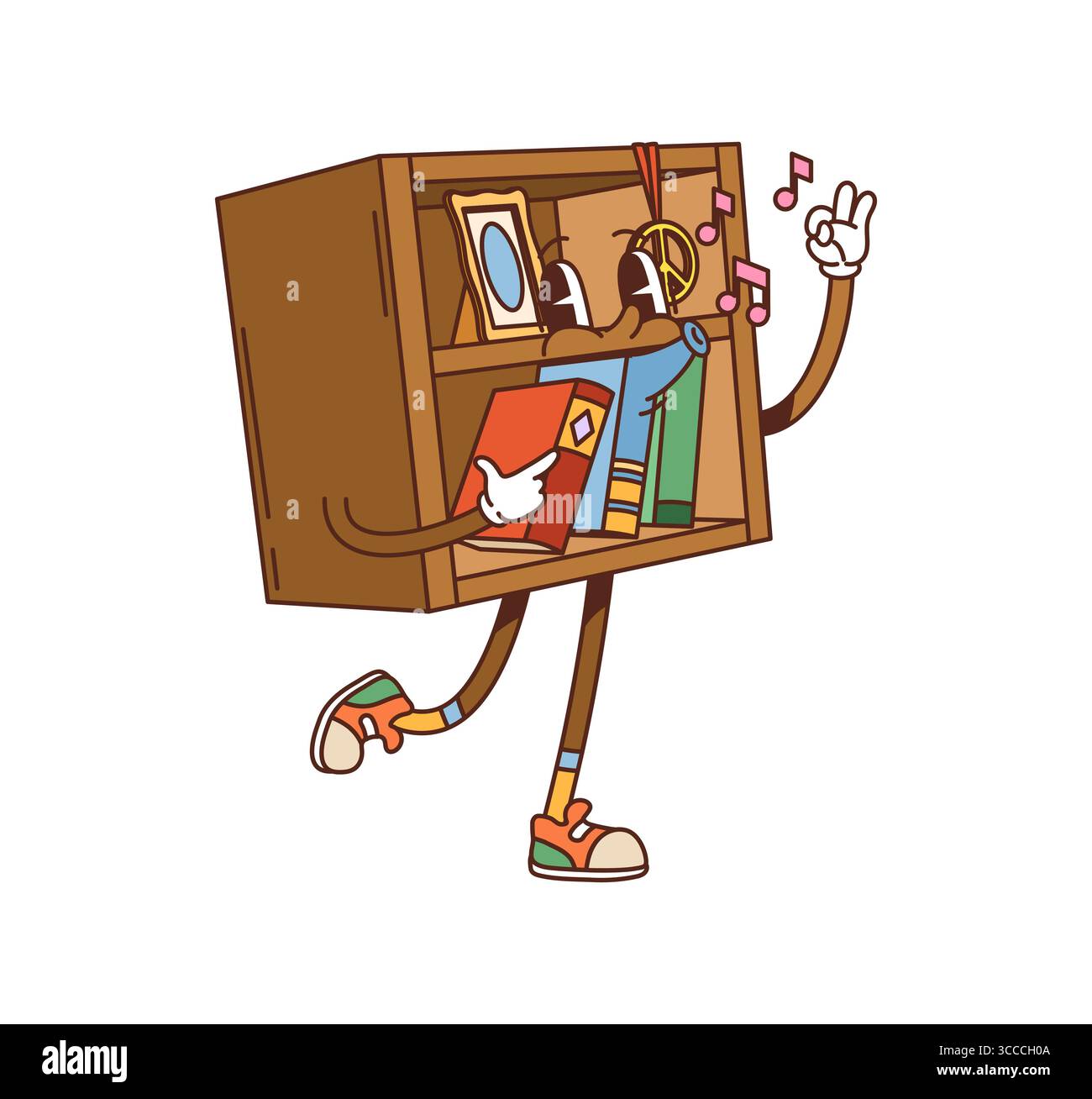 Cartoon bookshelf groovy furniture and interior character with books ...